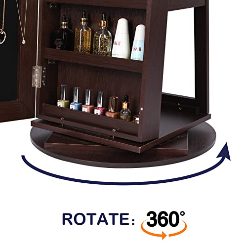 HNEBC LED Light Jewelry Organizer - 360° Rotating Armoire with Mirror, Full Length Cabinet for Jewelry Storage - Large Dark Brown Box Compatible with Alexa/Google Assistant