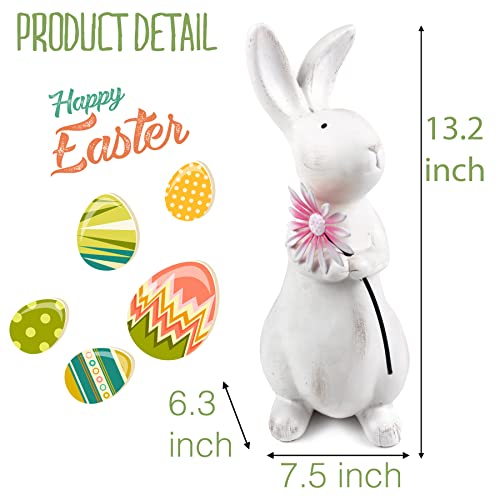 Lotus Hills Spring Easter Decorations, 13.2" Distressed Resin Easter Bunny with Pink Flower, Easter Gifts for Kids Girls, Farmhouse Decorative Rabbit for Tabletop Mantel, Spring Garden Yard Décor
