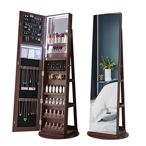 HNEBC LED Light Jewelry Organizer - 360° Rotating Armoire with Mirror, Full Length Cabinet for Jewelry Storage - Large Dark Brown Box Compatible with Alexa/Google Assistant
