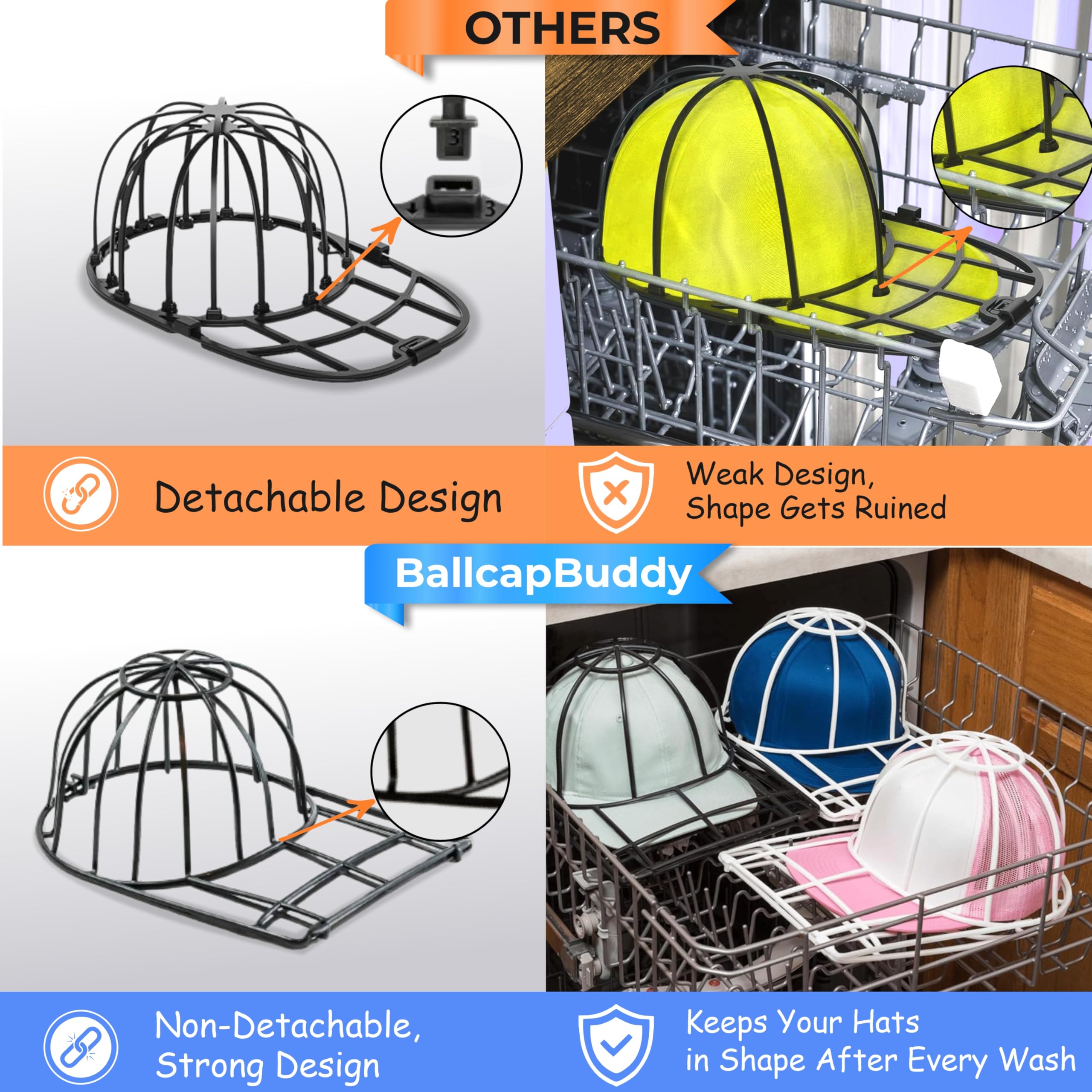 Ballcap Buddy - Original and Patented Hat Cleaner, Hat Washer for Washing Machine or Dishwasher, Cap Washer Frame for Flat & Curved Hats, Black, Made in USA