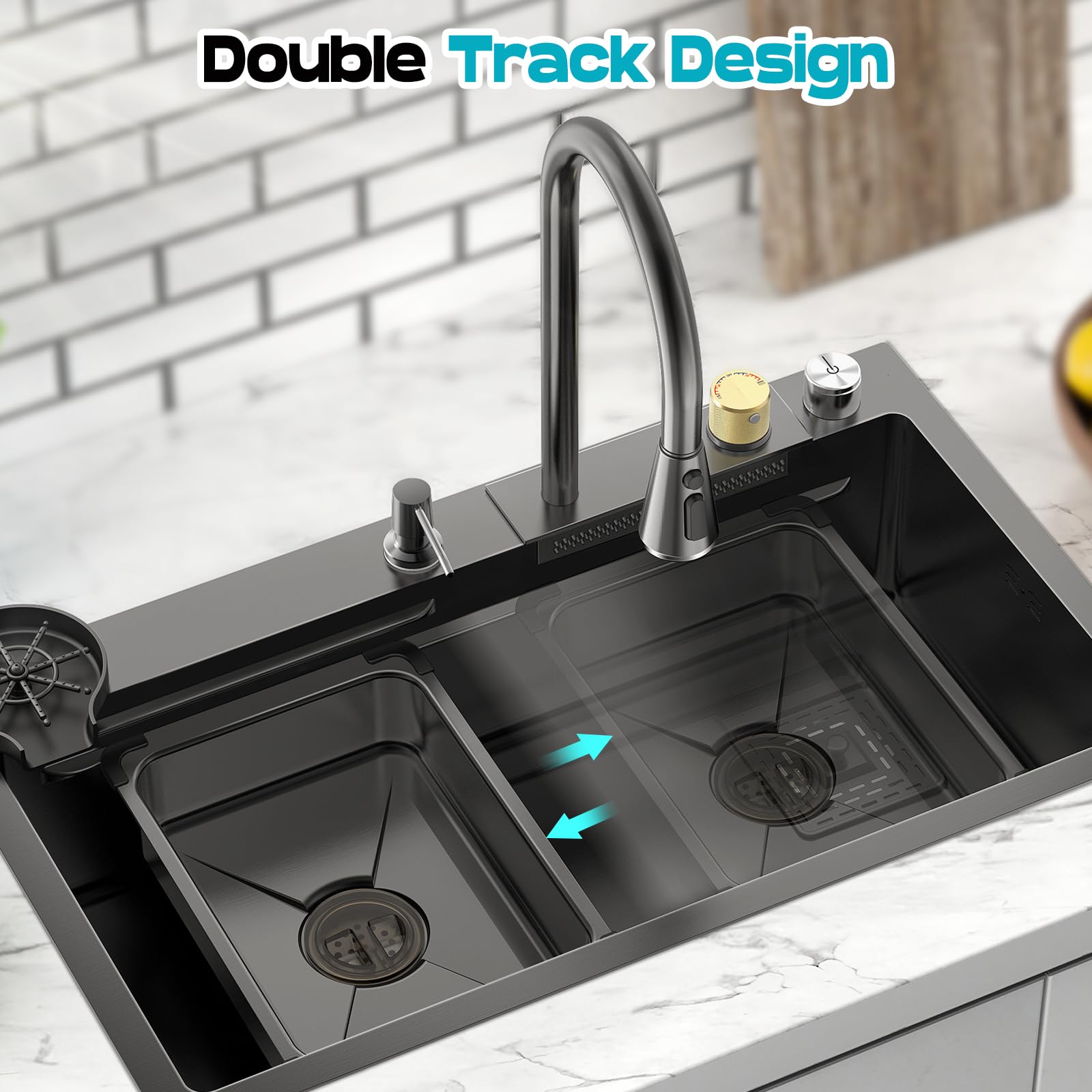 Kitchen Sink - Tiagowell 31.5'' Waterfall 304 Stainless Steel Nano Luxury Kitchen Sink with Topmount Workstation,Pull Out Faucet Combo,Cup Rinser & Sink Accessories for Kitchen,Bar,Resturant,Prep
