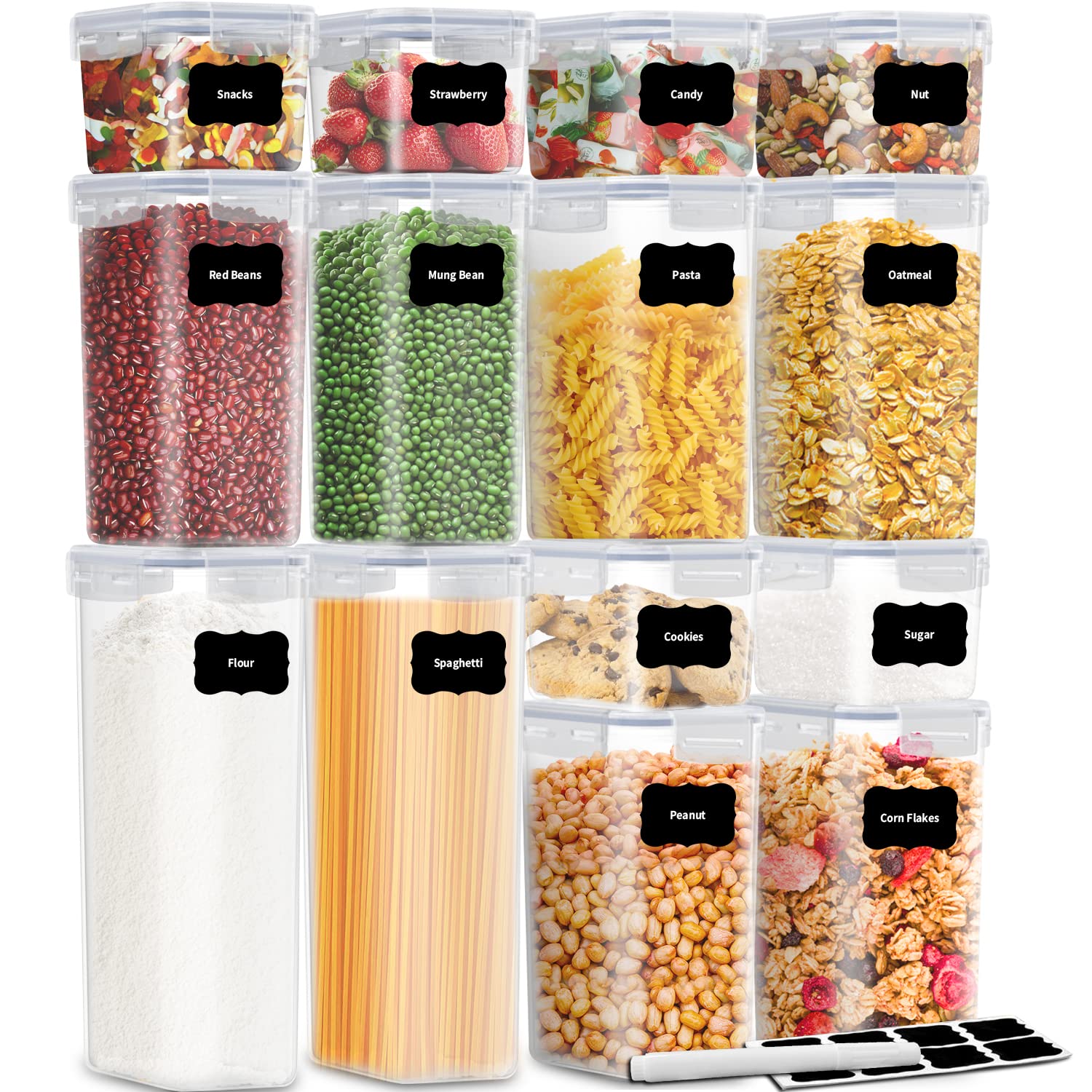 Airtight Food Storage Containers with Lids, 14 PCS Plastic Cereal Kitchen Stackable Food Storage Buckets Food Canisters for Kitchen Pantry Organization Snacks and Sugar Include 24 Labels, Black