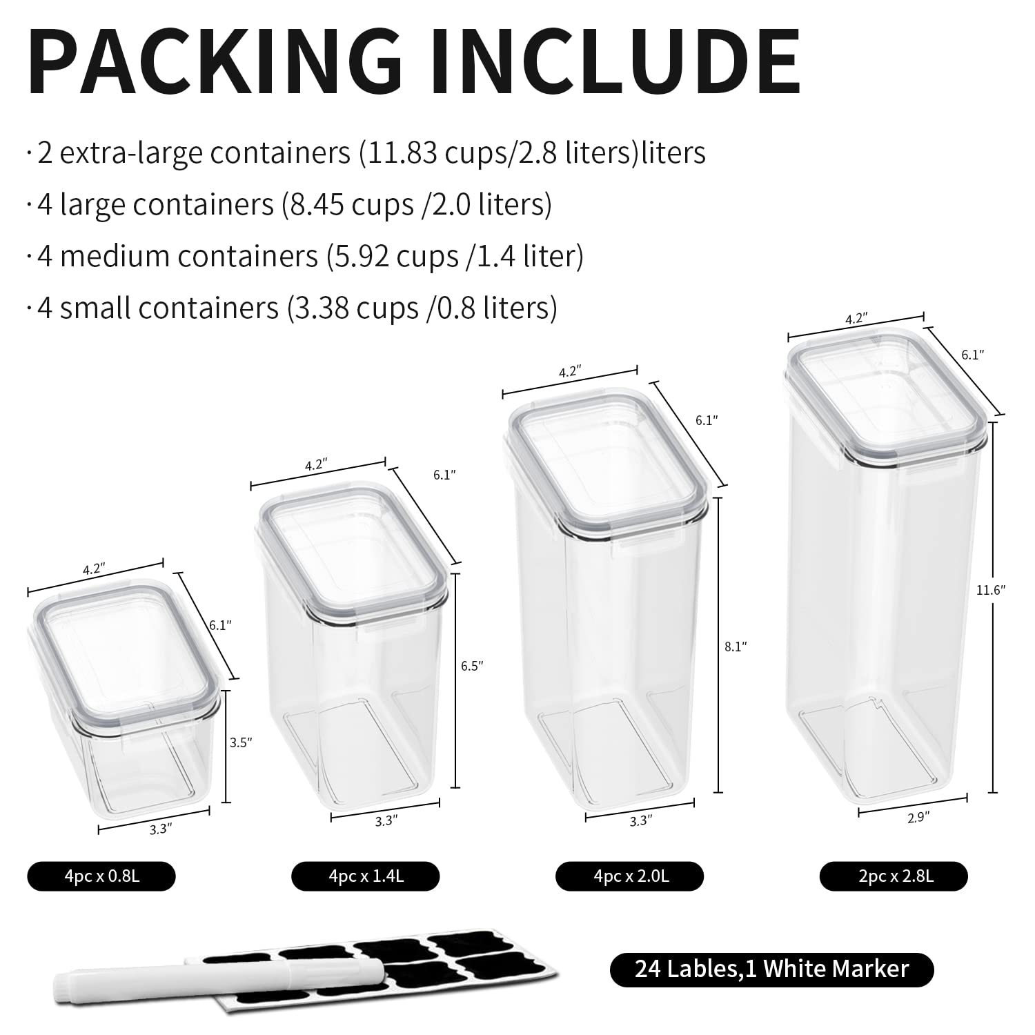 Airtight Food Storage Containers with Lids, 14 PCS Plastic Cereal Kitchen Stackable Food Storage Buckets Food Canisters for Kitchen Pantry Organization Snacks and Sugar Include 24 Labels, Black