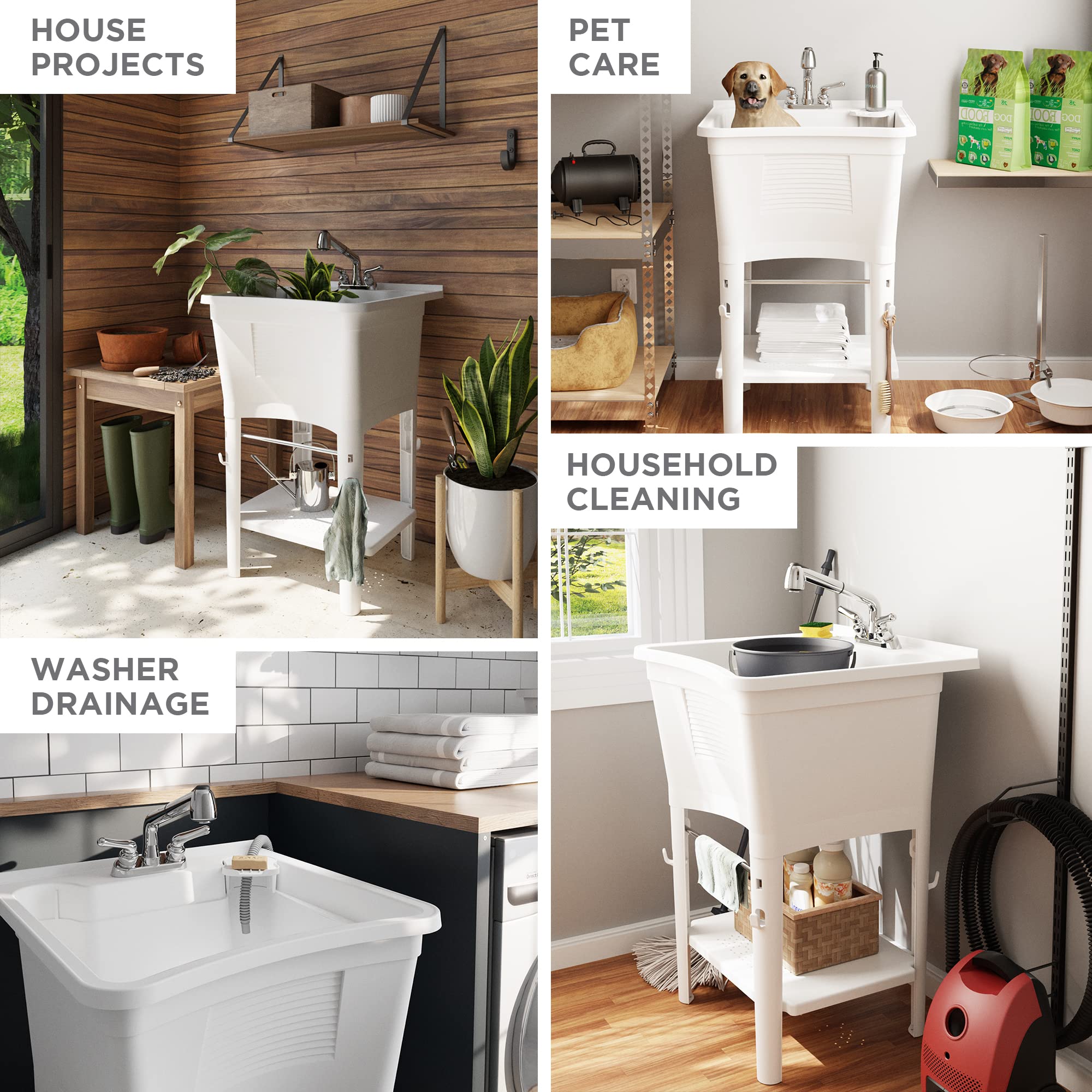 Zenna Home Utility Sink and Wall Cabinet Set: Includes Laundry Tub/Sanitation Station with Faucet, Plus Wall Cabinet (2 Doors, 3 Storage Shelves), for Laundry, Basement, Garage, Bathroom, Kitchen