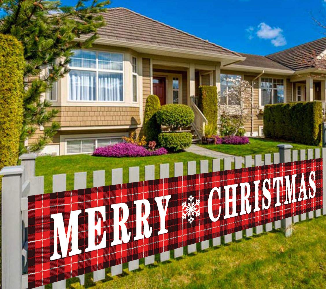 Large Merry Christmas Banner, Red Buffalo Plaid Yard Christmas Banner, Christmas Decorations for Outdoor Indoor, Xmas Party Decoration Supplies (9.8 x 1.6 feet)