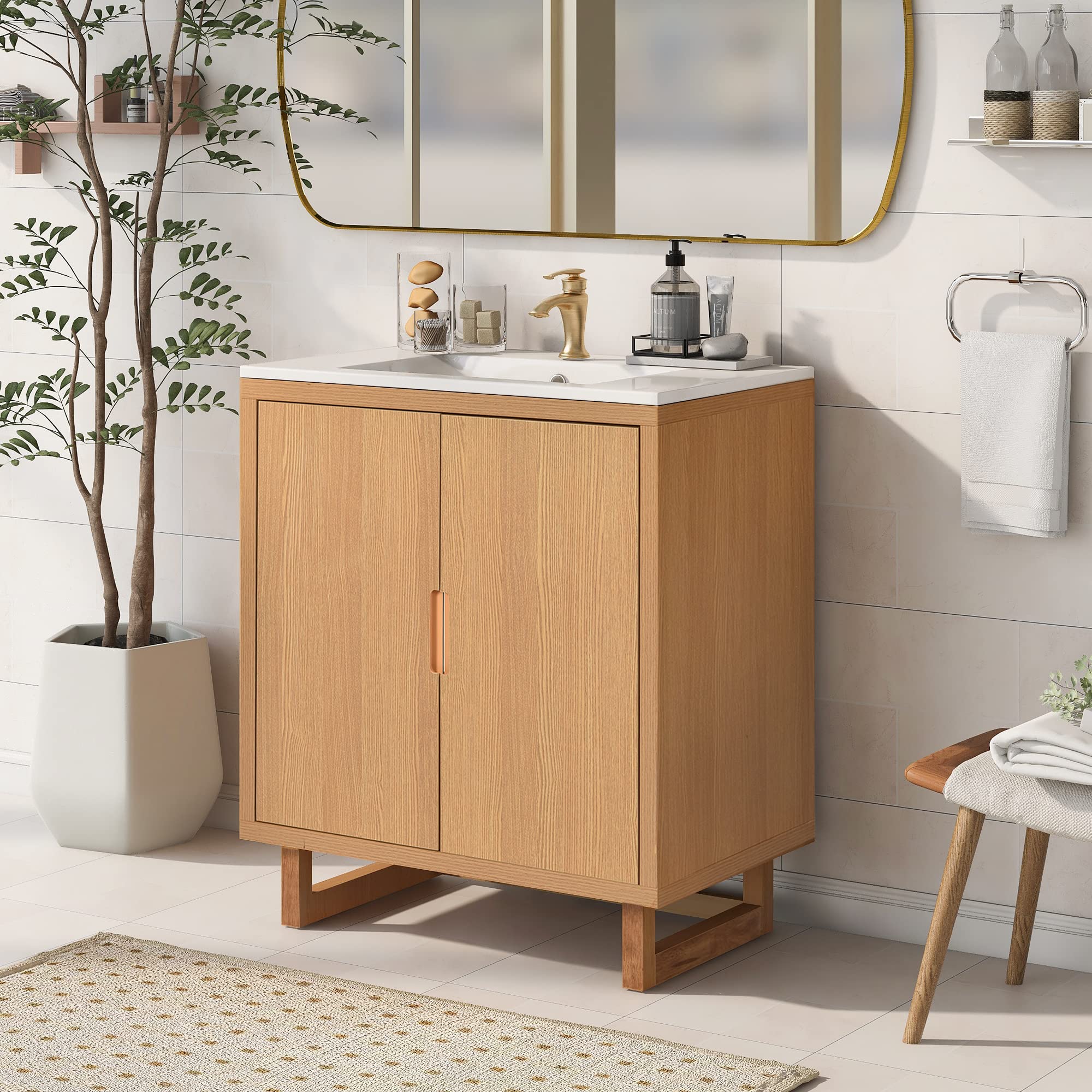 Merax 30" Bathroom Vanity Set, Combo Stand Storage Cabinet and Square Resin Sink Top, Natural
