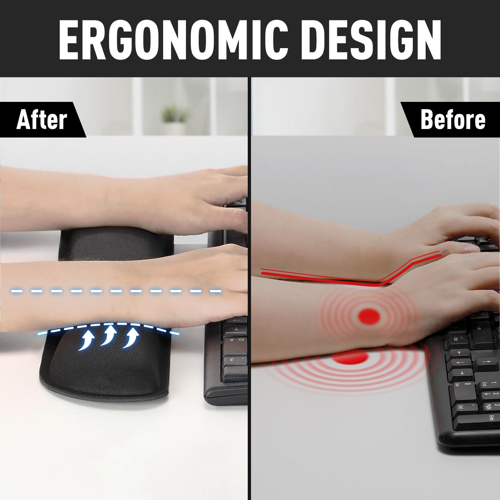 Gimars Keyboard Wrist Rest Pad with 63D High-Density Thicken Enlarge Memory Foam, Anti-Slip Rubber Base and Ergonomic Design for Office,Gaming, Computer, Laptop, Mac, Carpal Tunnel Pain Relief, Black