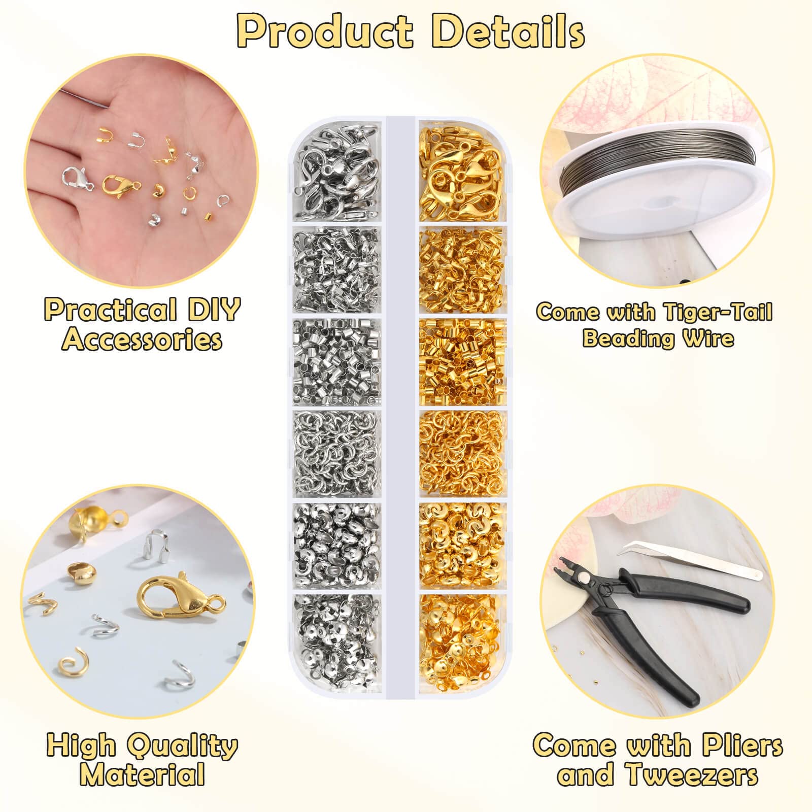 Acejoz 1200 Pcs Crimp Beads Kit for Jewelry Making, Crimp Beads, Crimp Covers, Crimp Tubes and Wire Guardians, Lobster Clasps, Jump Rings, Crimping Pliers and Beading Wire for Jewelry Making