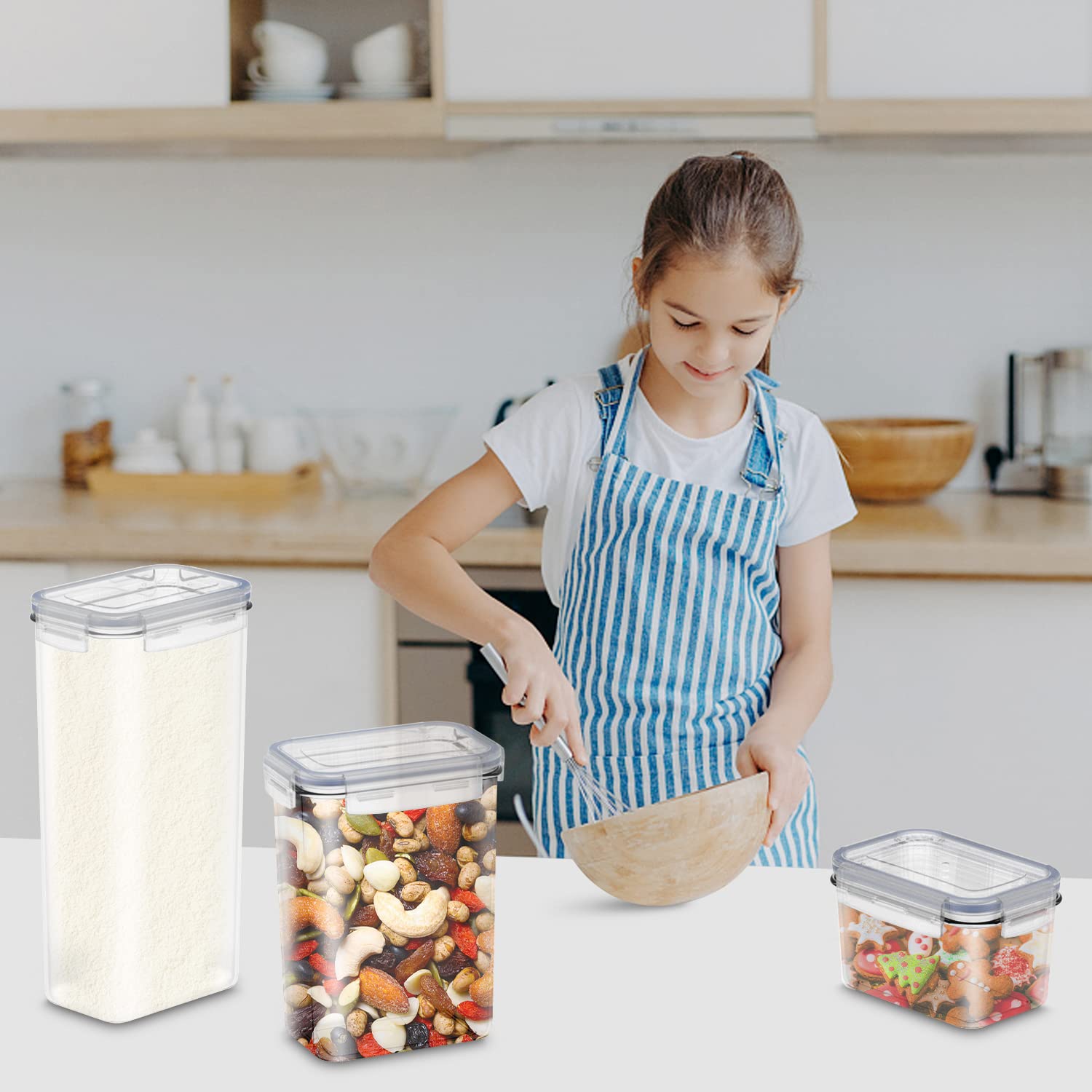 Airtight Food Storage Containers with Lids, 14 PCS Plastic Cereal Kitchen Stackable Food Storage Buckets Food Canisters for Kitchen Pantry Organization Snacks and Sugar Include 24 Labels, Black