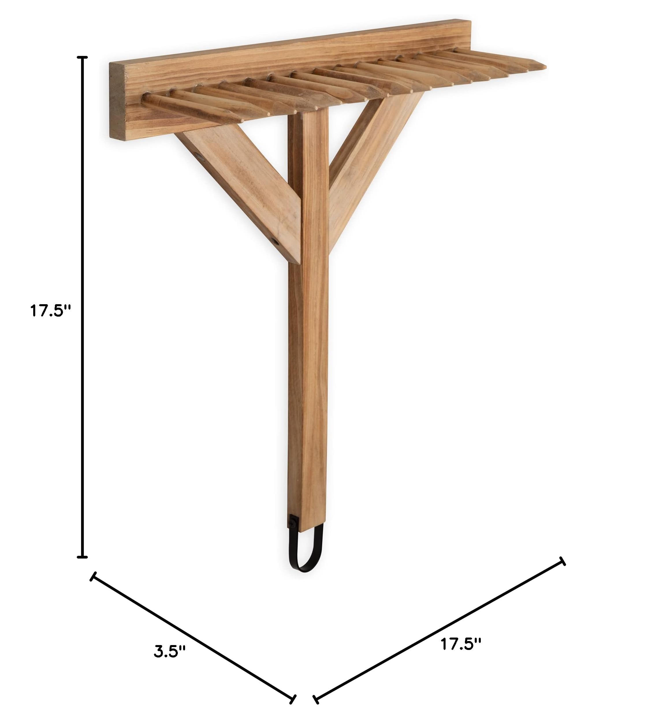 Rustic State Mucur Rake Design Wall Mounted Stemware Rack Hanging Shelf Glassware Holder Bar Organizer with 6 Wine Glass Storage 17.5 Inch Long Light Walnut