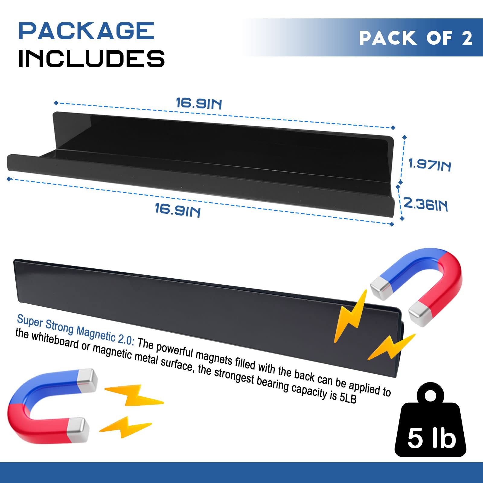 2 Pack Magnetic Book Shelf for Whiteboard, Strong Magnetic Shelf for Classroom