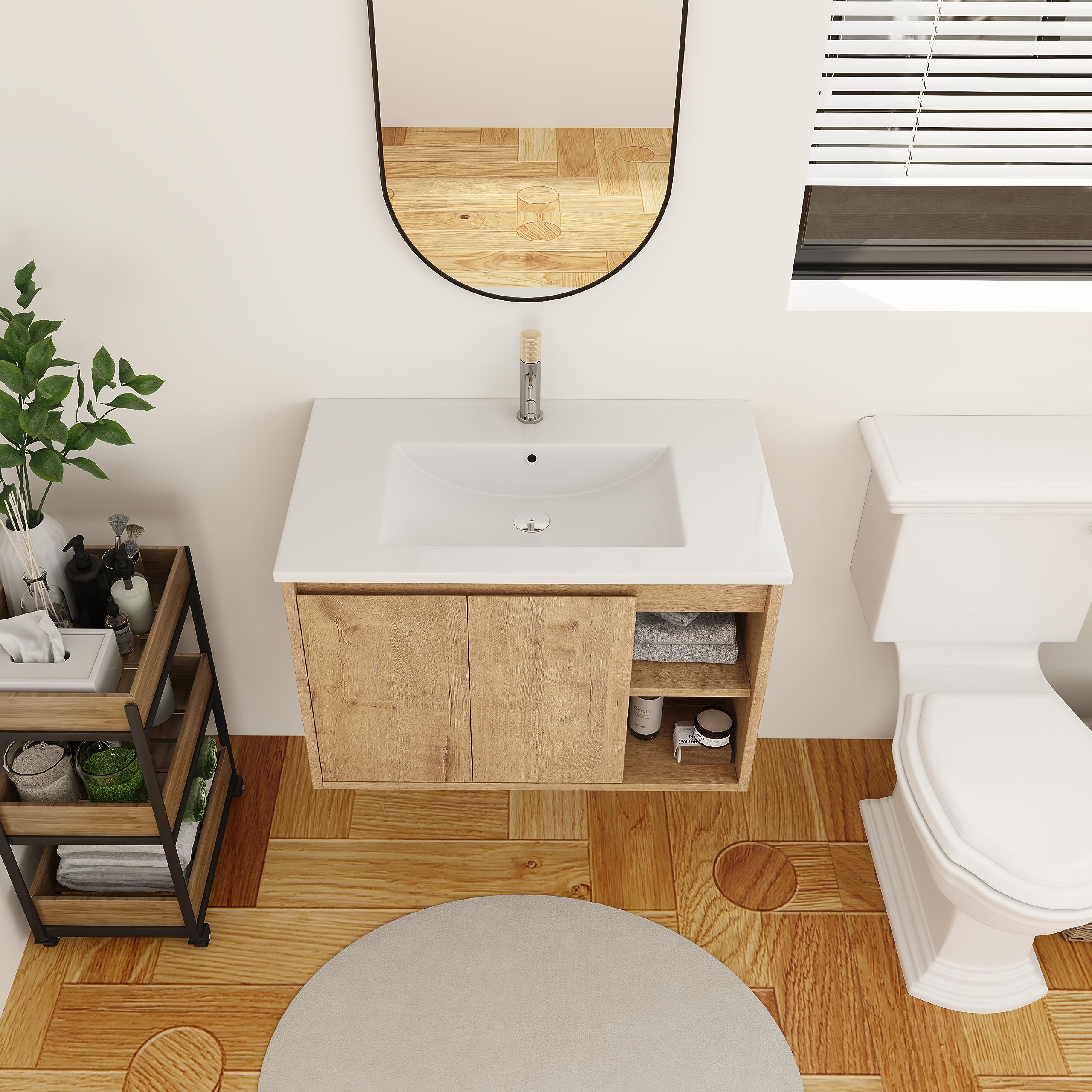 San Merah 30" Wall-Mounted Bathroom Vanity with Sink - Floating Single Door Cabinet & Right Shelf, Space-Saving Modern Design for Small Bathrooms, Ceramic Basin Combo