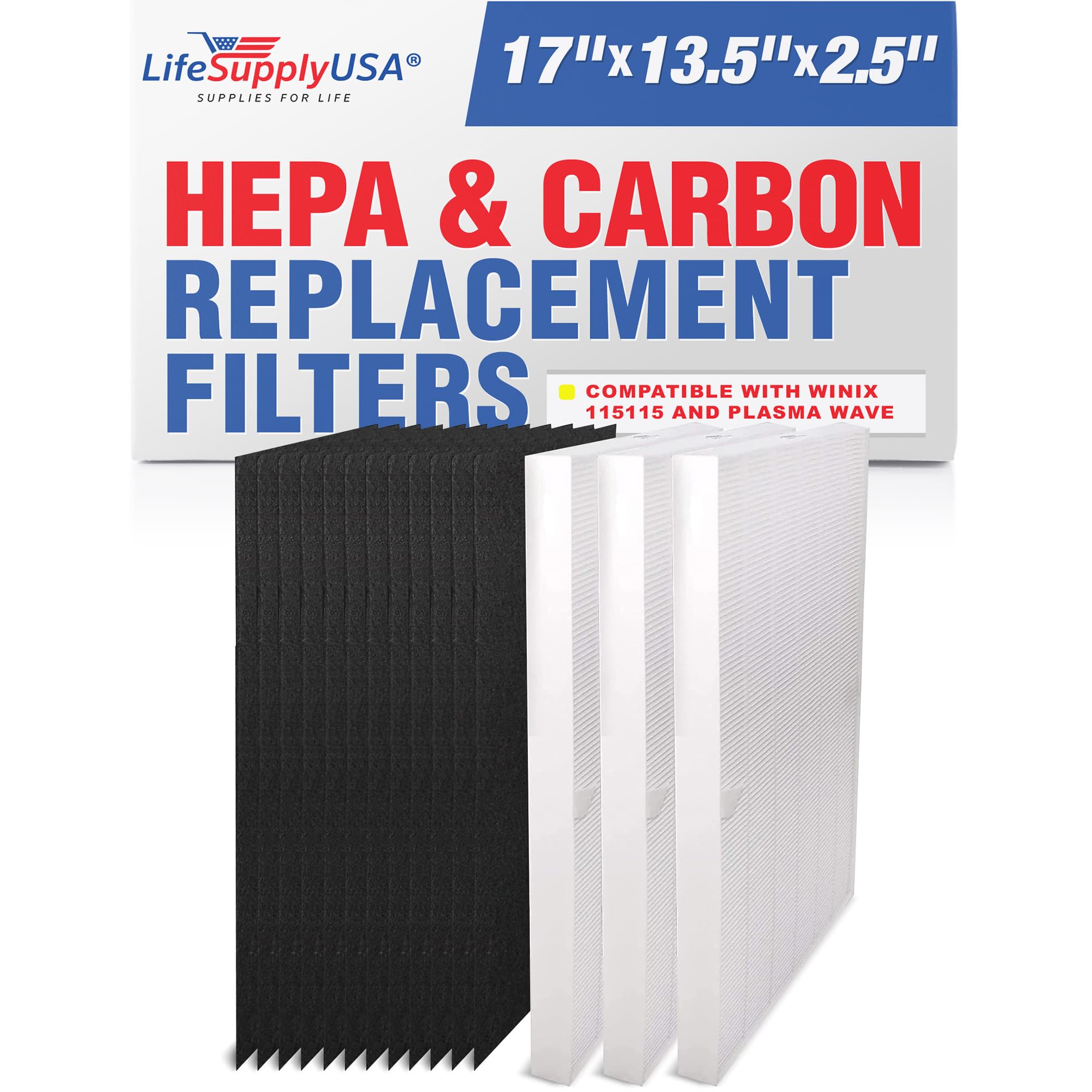 LifeSupplyUSA True HEPA + 4 Carbon Replacement Filters Compatible with Winix 115115 Size 21 and Plasma Wave WAC5300, WAC5500, WAC6300, 5000, 5000b, 5300, 5500, 6300 & 9000 (3-Pack)