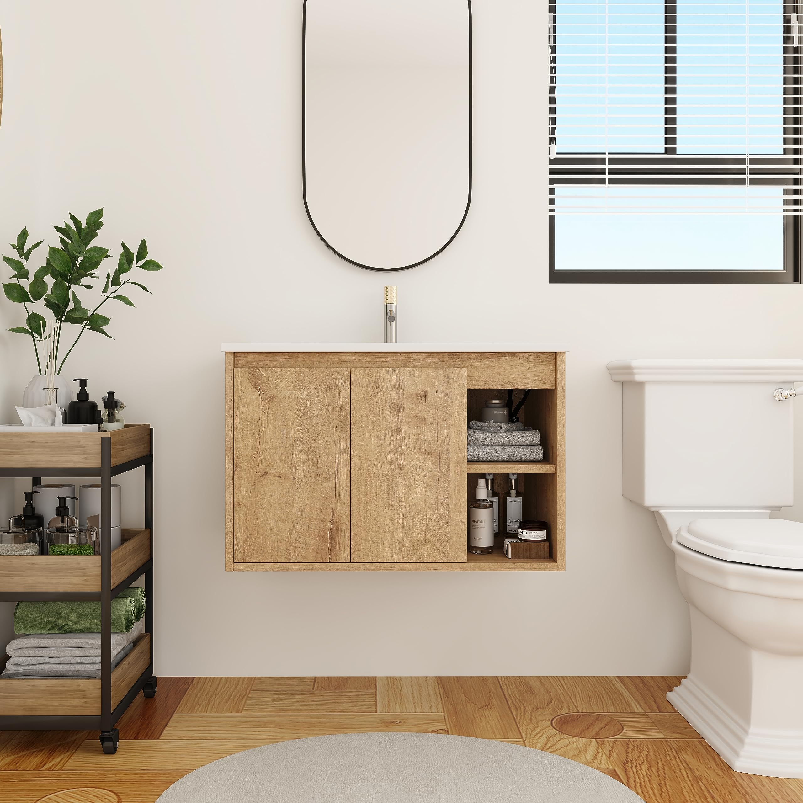 San Merah 30" Wall-Mounted Bathroom Vanity with Sink - Floating Single Door Cabinet & Right Shelf, Space-Saving Modern Design for Small Bathrooms, Ceramic Basin Combo
