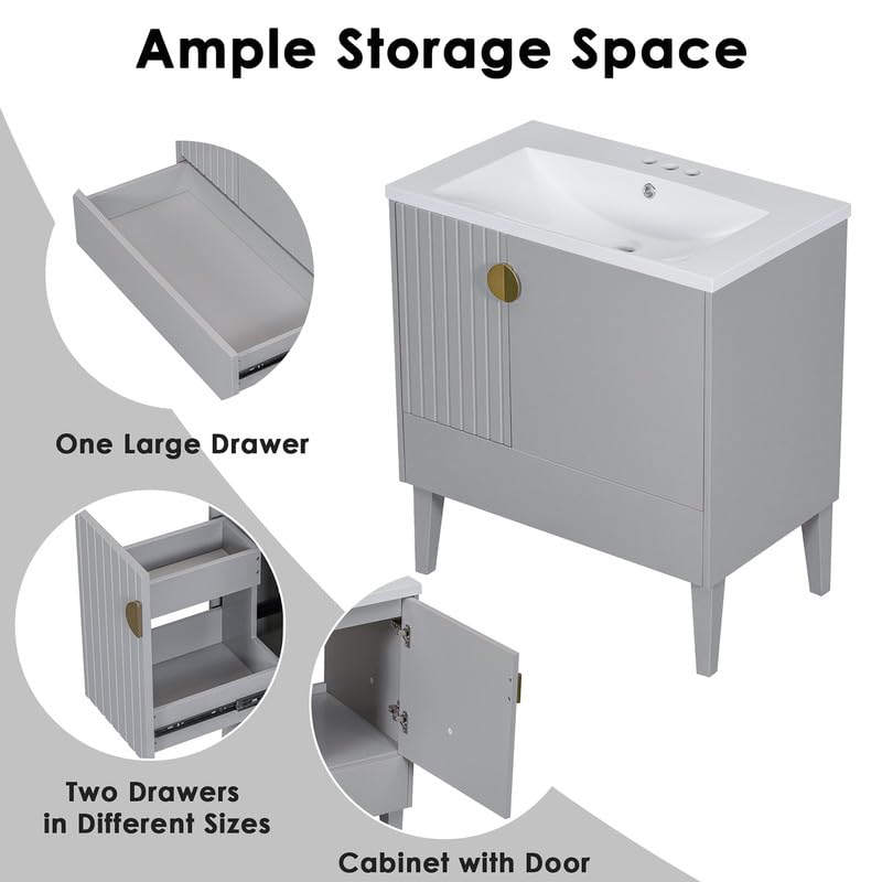 PONNYC 30" Bathroom Vanity with Sink, Freestanding Single Basin Vanity Set w/Doors and Drawer, Solid Frame and MDF Board,Modern Towel Storage Cabinet Grey Organizers for Bathroom,Bathroom Cabinet