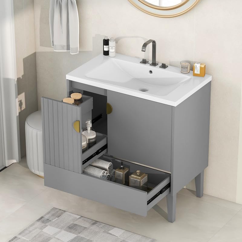 PONNYC 30" Bathroom Vanity with Sink, Freestanding Single Basin Vanity Set w/Doors and Drawer, Solid Frame and MDF Board,Modern Towel Storage Cabinet Grey Organizers for Bathroom,Bathroom Cabinet