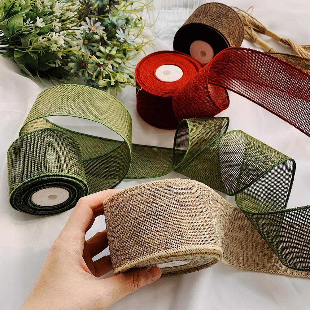 JACK CHLOE 32Yards 2-1/2'' Christmas Ribbon Wired, Burlap Ribbon Rolls in Spring Green Scarlet Dark Brown Khaki, Prefect Wired Christmas Ribbon for Decor Gift Wrapping Christmas Tree Bows Wedding.