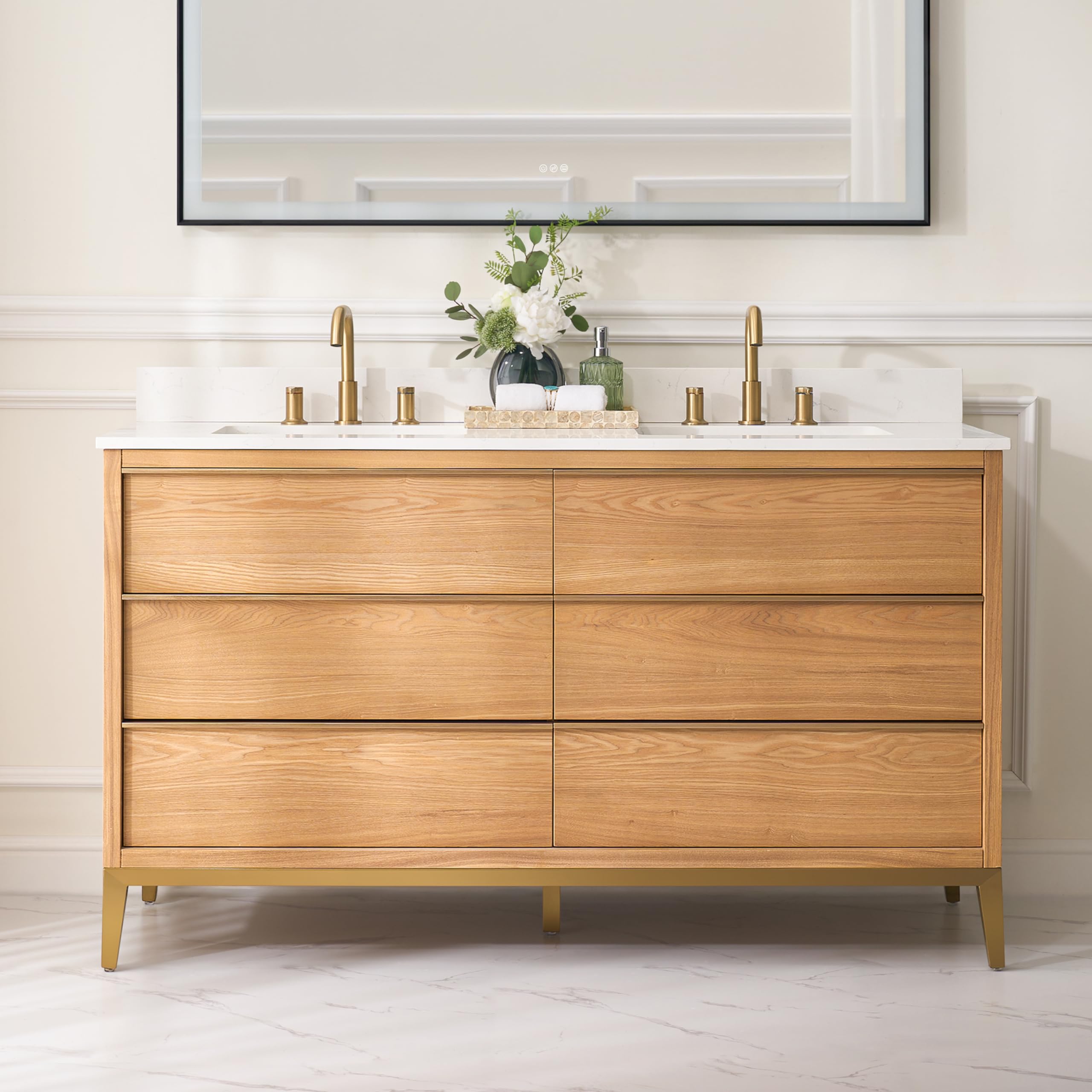 WELLFOR 60" Bathroom Vanity with Sink, Freestanding Wooden Bathroom Makeup Cabinet W/ 6 Soft-Close Drawers and Backsplash, Solid Wood Frame Bathroom Vanity (Light Oak)
