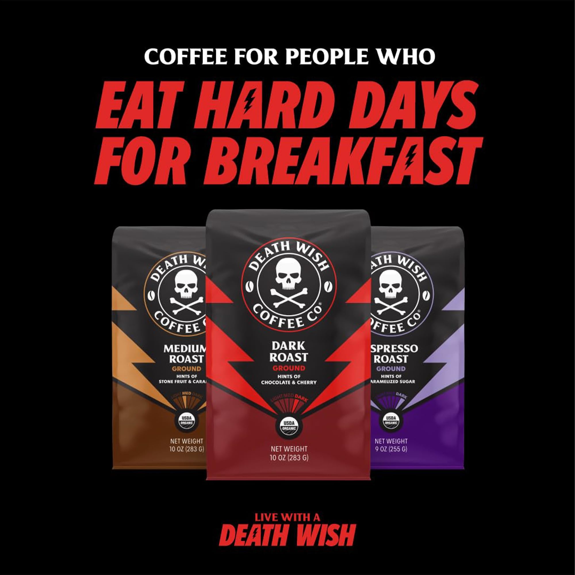 Death Wish Coffee, Whole Bean Dark Roast - USA Organic Coffee Beans Bundle/Bulk - Fair Trade Arabica & Robusta - 16 Ounce (Pack of 2)