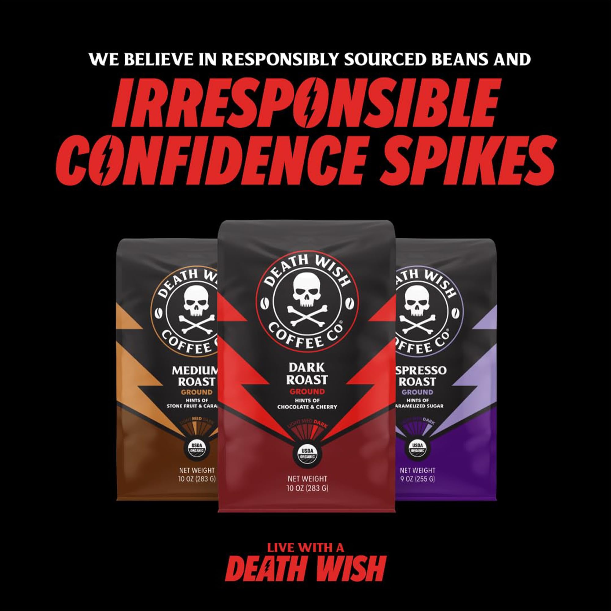 Death Wish Coffee, Whole Bean Dark Roast - USA Organic Coffee Beans Bundle/Bulk - Fair Trade Arabica & Robusta - 16 Ounce (Pack of 2)