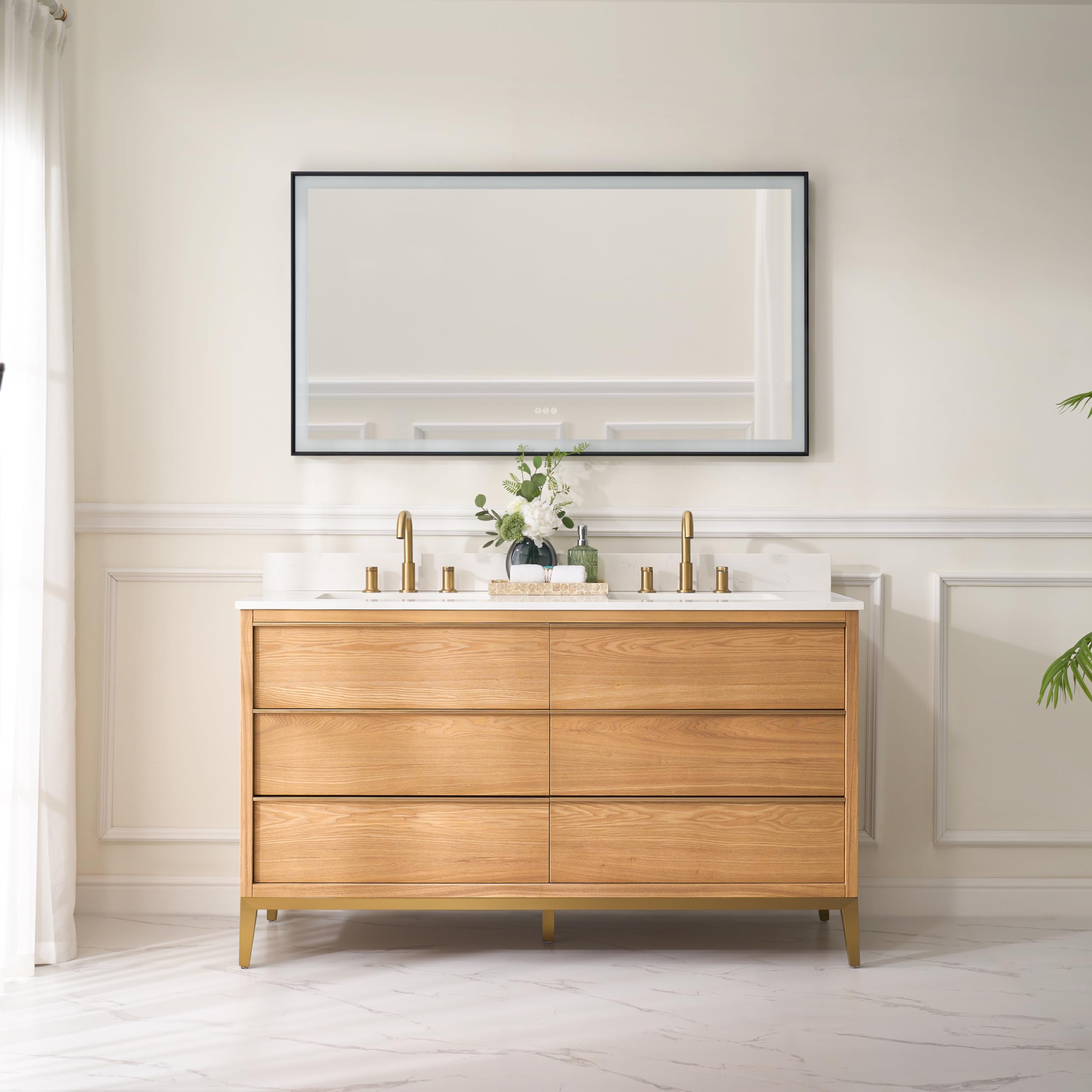 WELLFOR 60" Bathroom Vanity with Sink, Freestanding Wooden Bathroom Makeup Cabinet W/ 6 Soft-Close Drawers and Backsplash, Solid Wood Frame Bathroom Vanity (Light Oak)