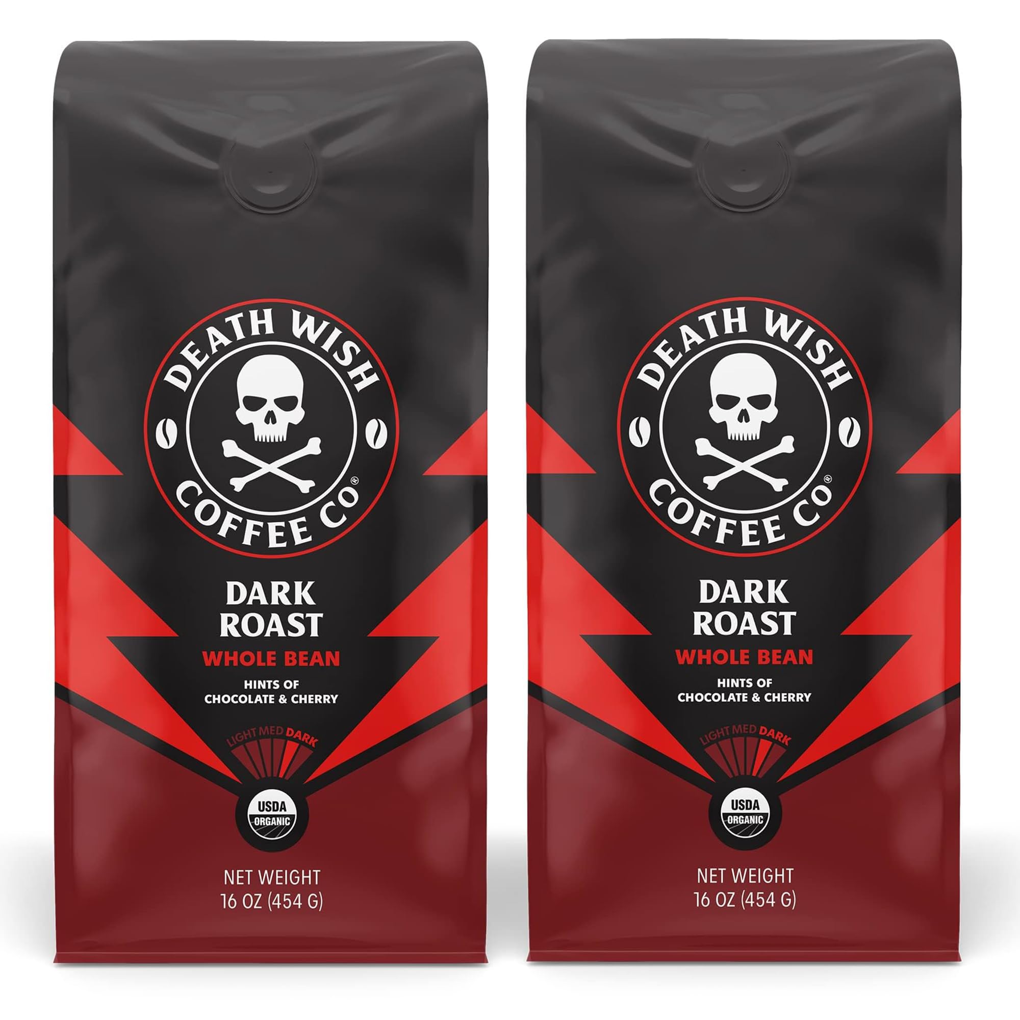 Death Wish Coffee, Whole Bean Dark Roast - USA Organic Coffee Beans Bundle/Bulk - Fair Trade Arabica & Robusta - 16 Ounce (Pack of 2)