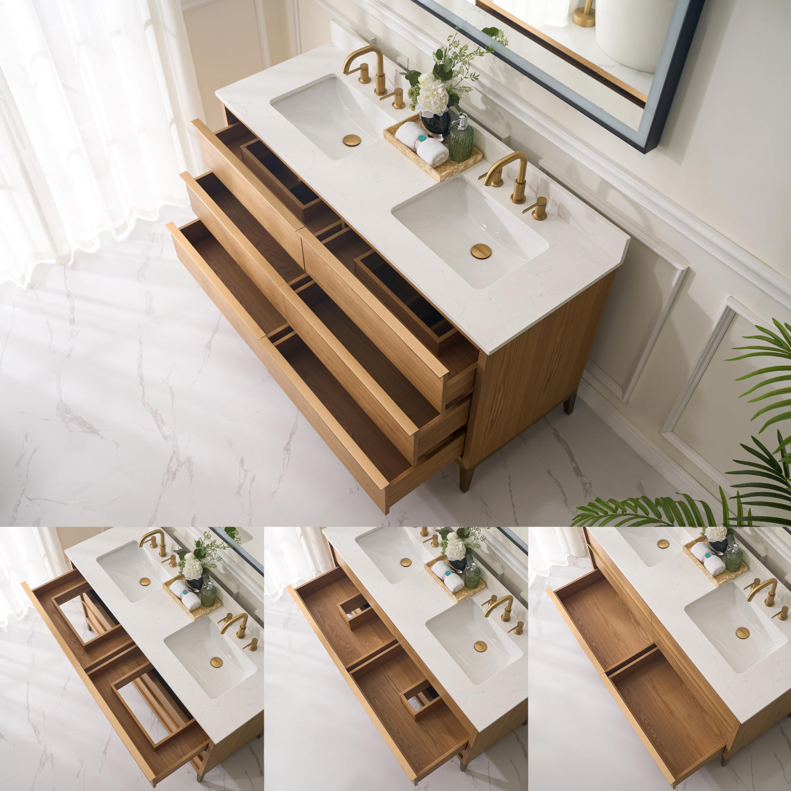 WELLFOR 60" Bathroom Vanity with Sink, Freestanding Wooden Bathroom Makeup Cabinet W/ 6 Soft-Close Drawers and Backsplash, Solid Wood Frame Bathroom Vanity (Light Oak)