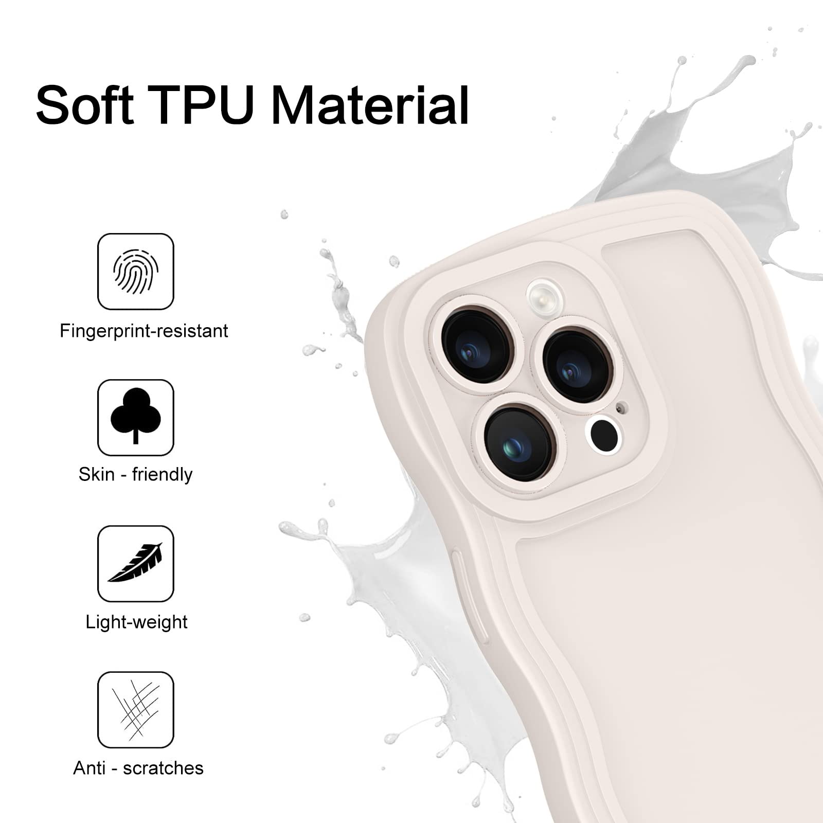 YINLAI Designed for iPhone 14 Pro Max Case 6.7 Inch, Cute Curly Wave Frame Shape Slim Soft Silicone Gel Rubber Phone Cover, TPU Bumper Women Girly Shockproof Protective Case, White/Stone