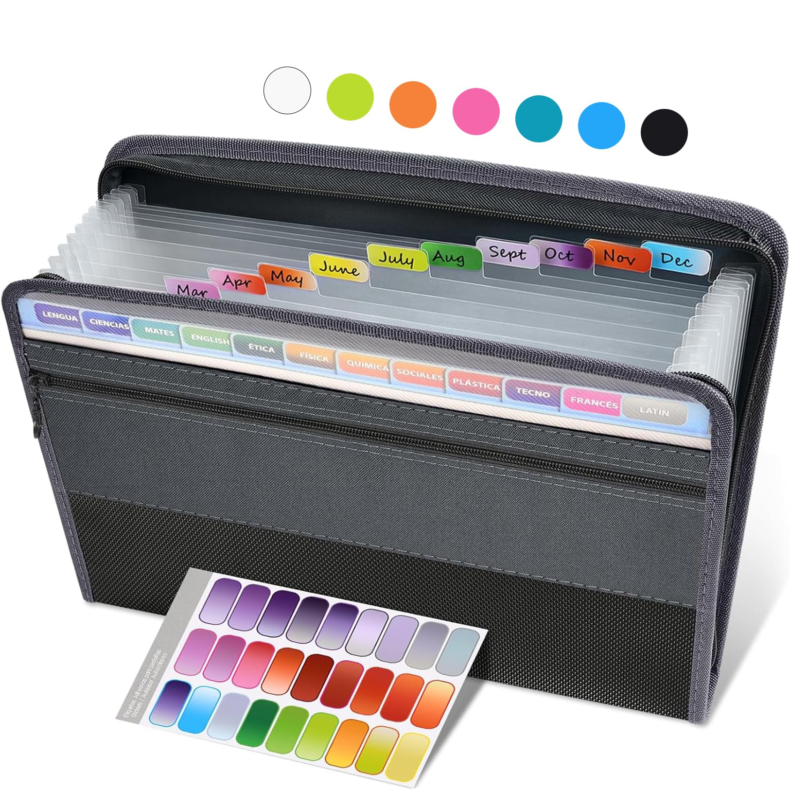 Sooez 13 Pocket Expanding File Folder with Zipper Closure, Accordion File Folder Document Organizer Expanding Zip File Folder with Sticky Labels, Letter A4 Paper Document Accordion Folder, Black