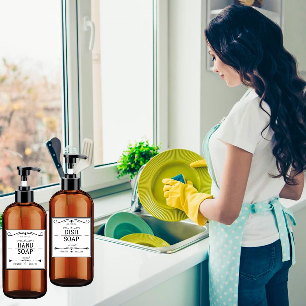 Amber Soap Dispenser with Rust Proof Pump, Waterproof Labels (2 Pack,16 Oz), Soap Dispenser Bathroom, Plastic Hand Soap Dispenser Dish Soap Dispenser for Kitchen, Premium Thick Soap Pump Bottles