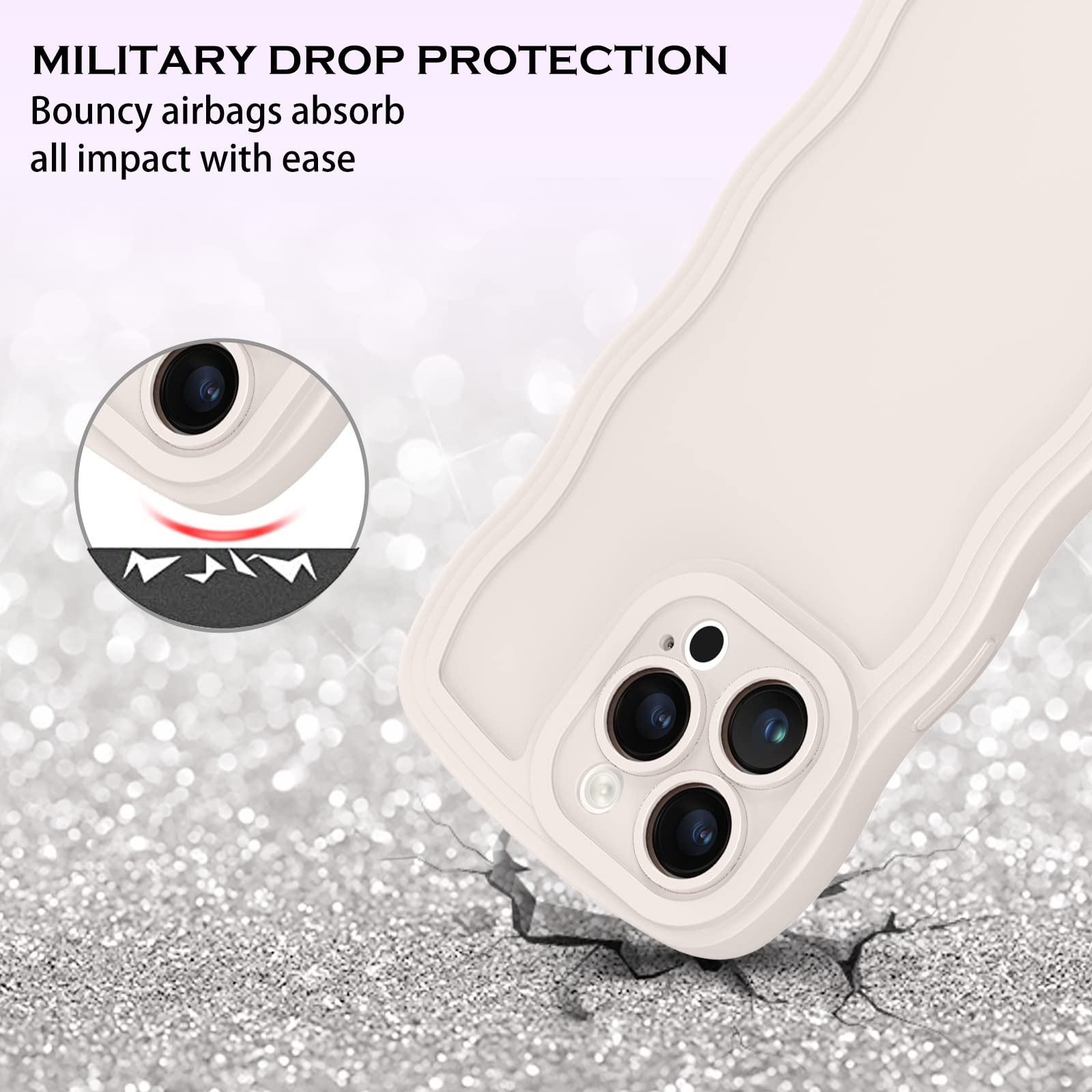 YINLAI Designed for iPhone 14 Pro Max Case 6.7 Inch, Cute Curly Wave Frame Shape Slim Soft Silicone Gel Rubber Phone Cover, TPU Bumper Women Girly Shockproof Protective Case, White/Stone