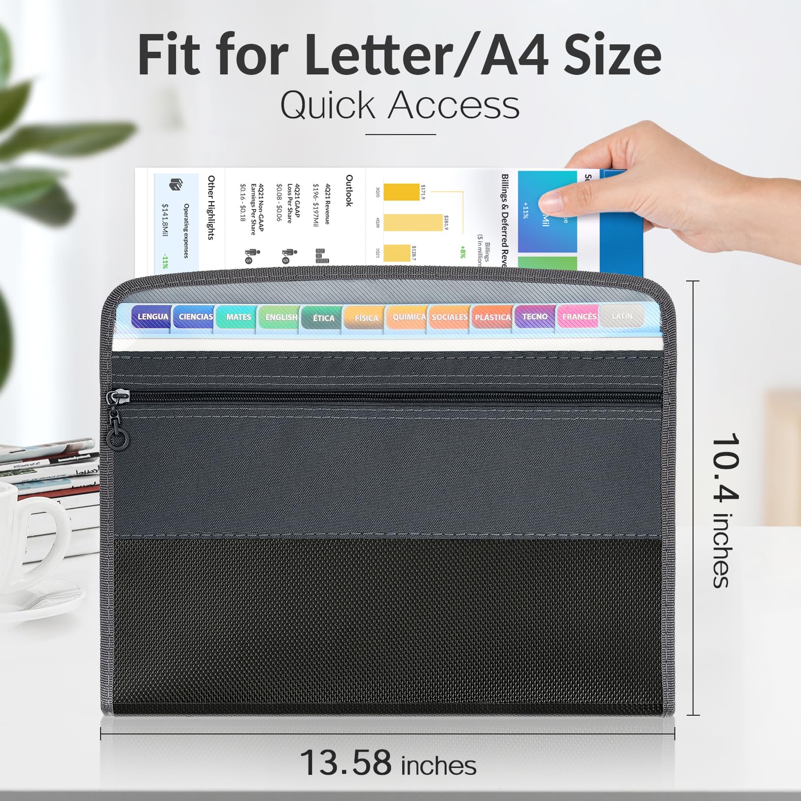 Sooez 13 Pocket Expanding File Folder with Zipper Closure, Accordion File Folder Document Organizer Expanding Zip File Folder with Sticky Labels, Letter A4 Paper Document Accordion Folder, Black
