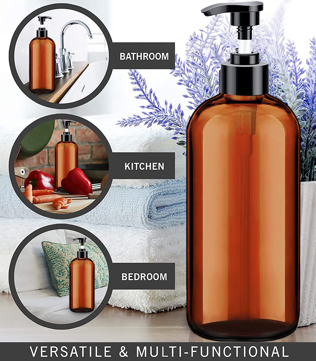 Amber Soap Dispenser with Rust Proof Pump, Waterproof Labels (2 Pack,16 Oz), Soap Dispenser Bathroom, Plastic Hand Soap Dispenser Dish Soap Dispenser for Kitchen, Premium Thick Soap Pump Bottles