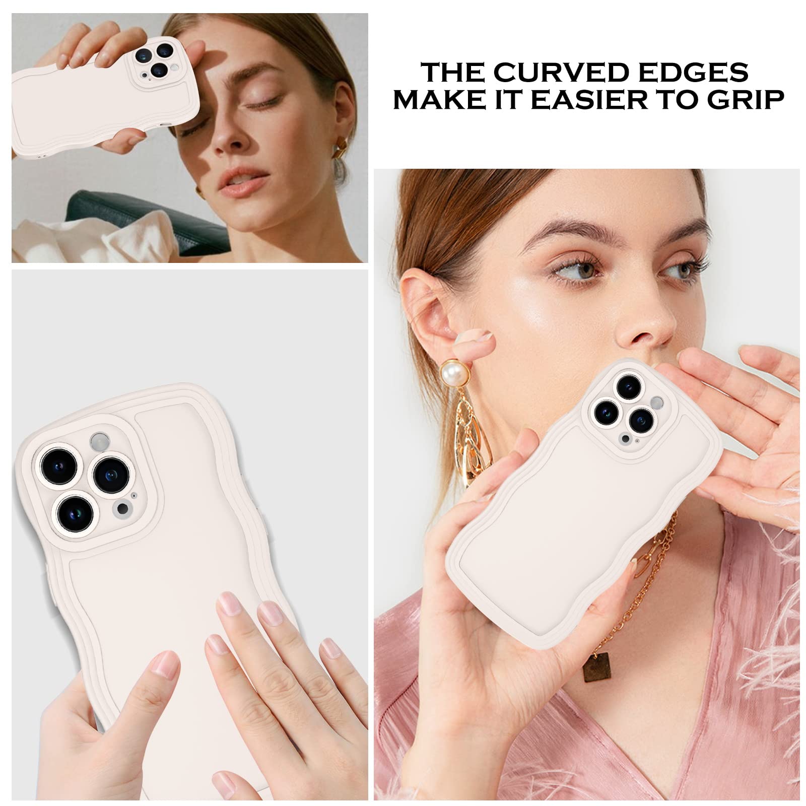 YINLAI Designed for iPhone 14 Pro Max Case 6.7 Inch, Cute Curly Wave Frame Shape Slim Soft Silicone Gel Rubber Phone Cover, TPU Bumper Women Girly Shockproof Protective Case, White/Stone