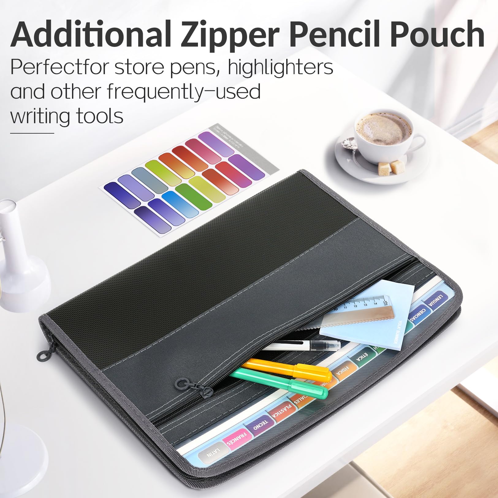 Sooez 13 Pocket Expanding File Folder with Zipper Closure, Accordion File Folder Document Organizer Expanding Zip File Folder with Sticky Labels, Letter A4 Paper Document Accordion Folder, Black