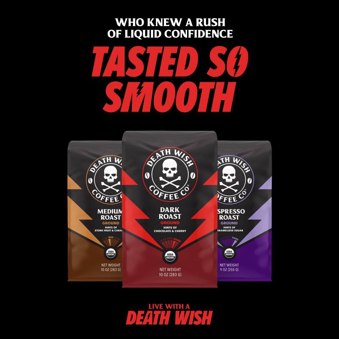 Death Wish Coffee Co., Organic and Fair Trade Espresso Roast Ground Coffee, 14 ounce (Pack of 1)