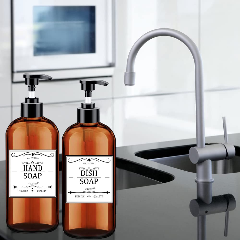 Amber Soap Dispenser with Rust Proof Pump, Waterproof Labels (2 Pack,16 Oz), Soap Dispenser Bathroom, Plastic Hand Soap Dispenser Dish Soap Dispenser for Kitchen, Premium Thick Soap Pump Bottles