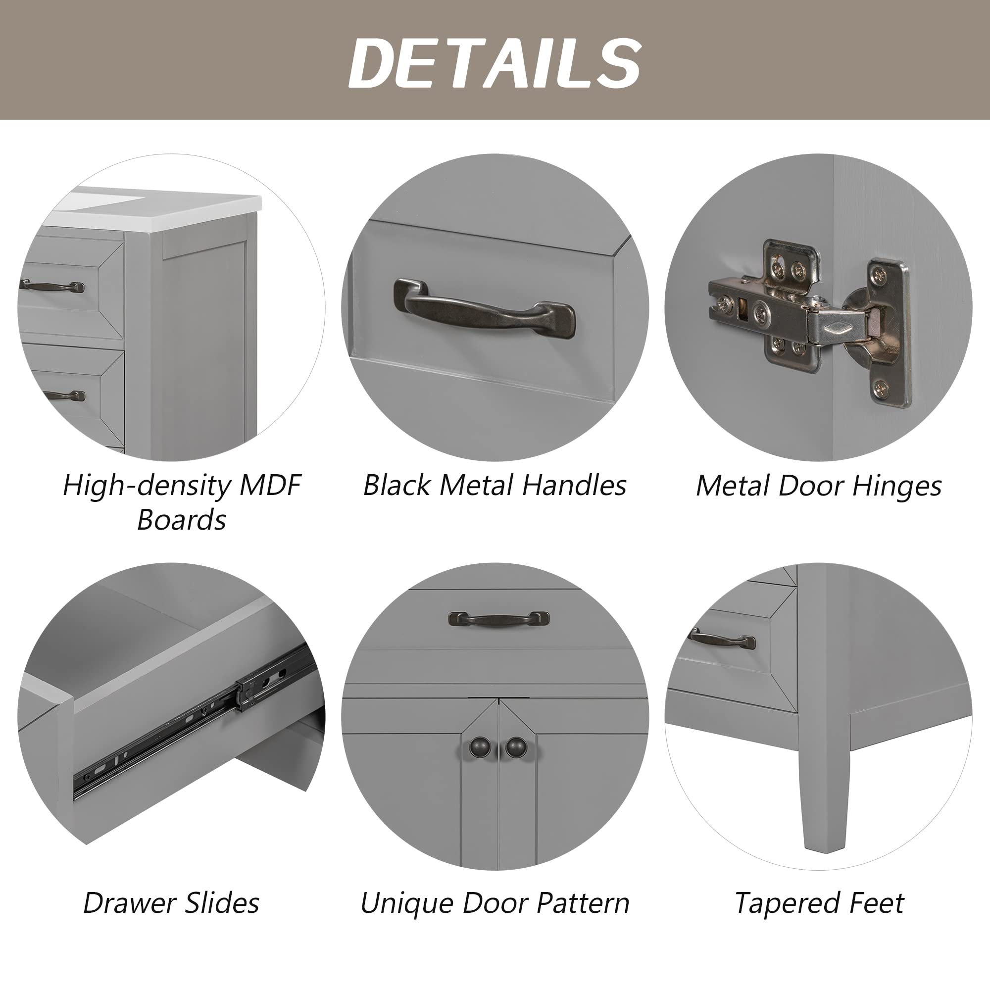 Tomkate 36" Bathroom Vanity with Sink Combo, Modern Freestanding Bathroom Vanities with 2 Doors and 3 Drawers, Bathroom Vanity Cabinet with Ceramic Sink for Bathroom, Grey