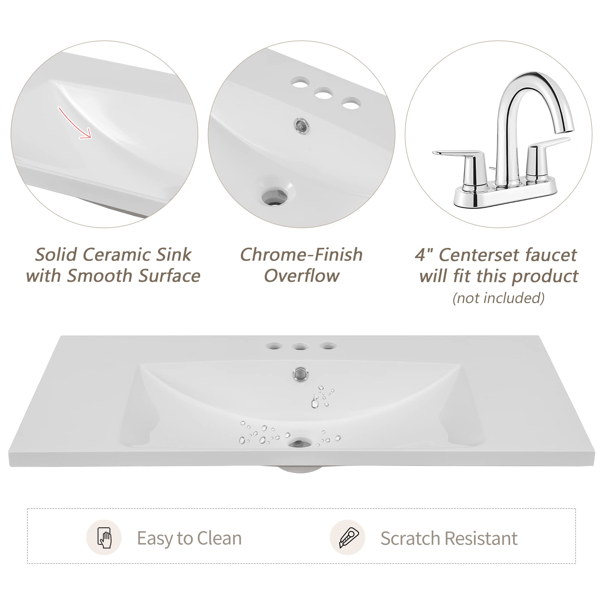 Tomkate 36" Bathroom Vanity with Sink Combo, Modern Freestanding Bathroom Vanities with 2 Doors and 3 Drawers, Bathroom Vanity Cabinet with Ceramic Sink for Bathroom, Grey