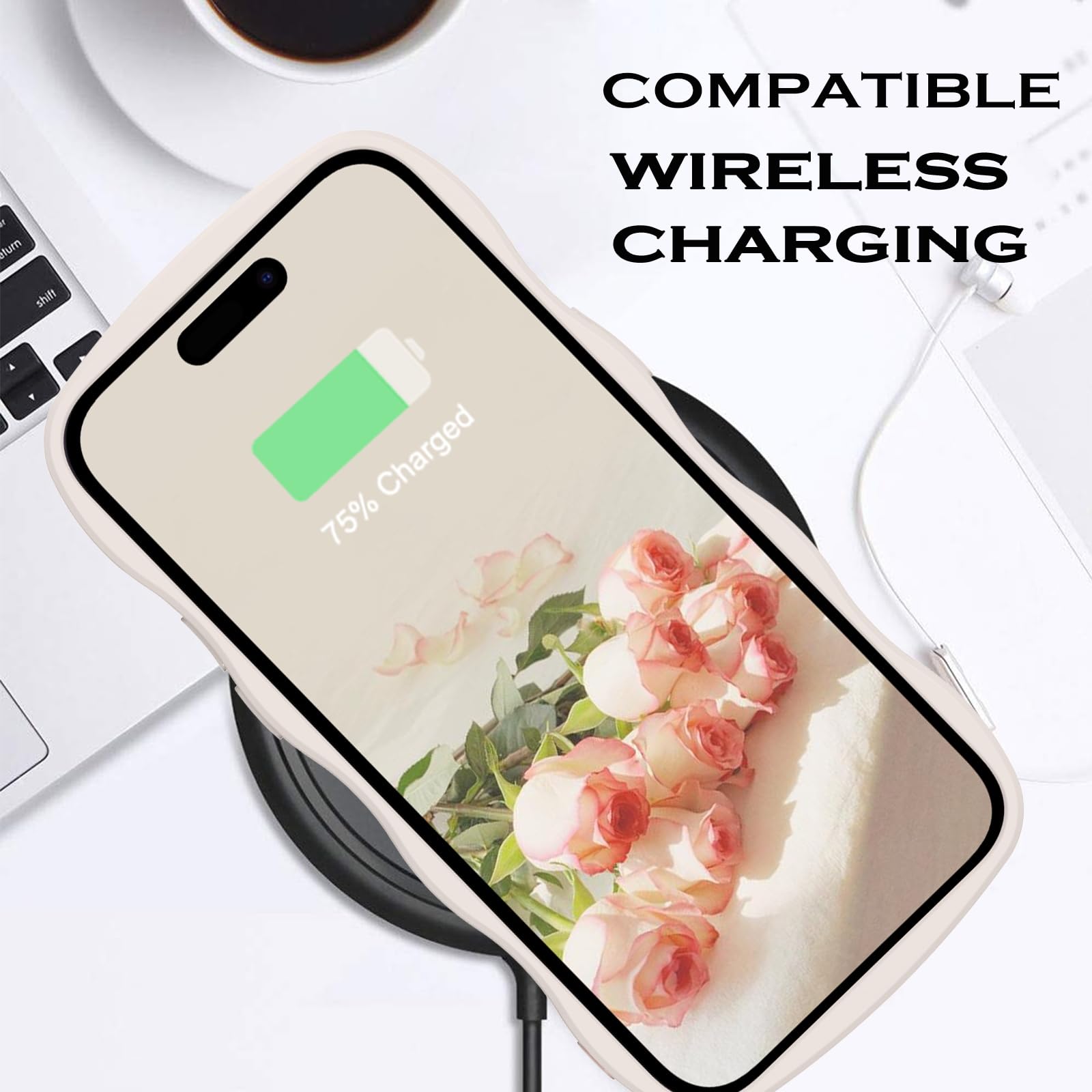 YINLAI Designed for iPhone 14 Pro Max Case 6.7 Inch, Cute Curly Wave Frame Shape Slim Soft Silicone Gel Rubber Phone Cover, TPU Bumper Women Girly Shockproof Protective Case, White/Stone
