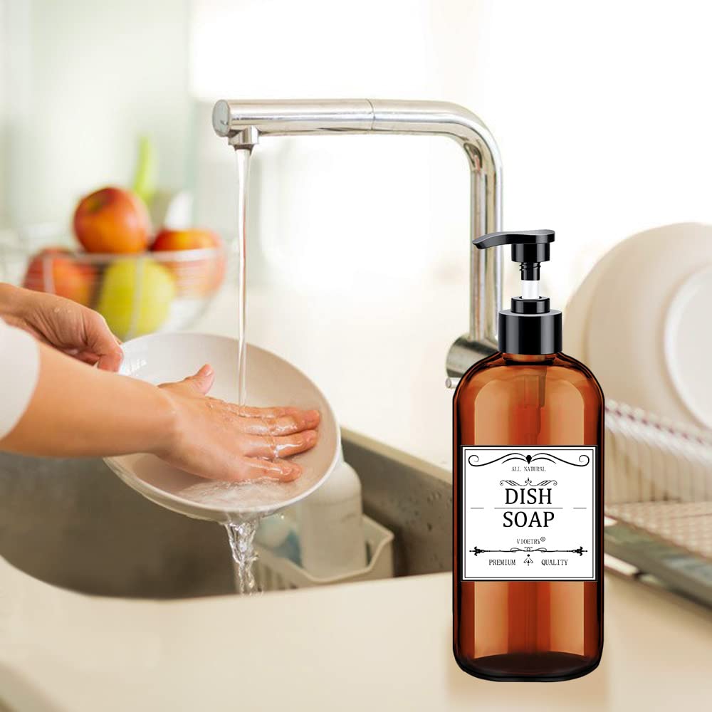 Amber Soap Dispenser with Rust Proof Pump, Waterproof Labels (2 Pack,16 Oz), Soap Dispenser Bathroom, Plastic Hand Soap Dispenser Dish Soap Dispenser for Kitchen, Premium Thick Soap Pump Bottles