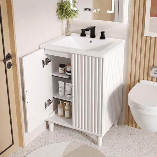 Merax, White 24" Bathroom Vanities Cabinet with Sink, Freestanding Multi-Functional Storage Organizer, Two Doors and Adjustable Shelves