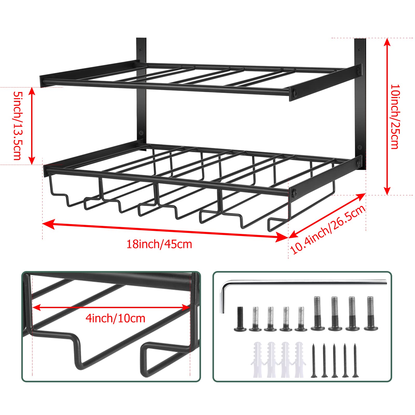 Wine Rack Wall Mounted, Wall Wine Rack with Wine Glasses Rack Horizontal Wine Storage Floating Rack Holds 8 Stemware & 8 Wine Bottles, Sturdy Wall Wine Holder for Kitchen Dining Room Bar Decoration