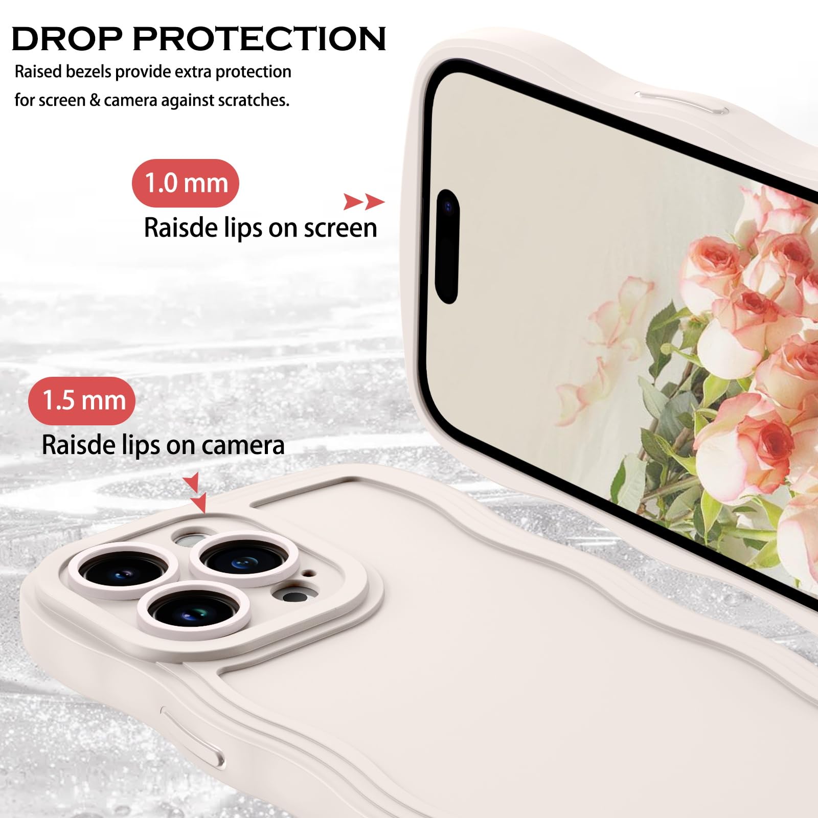 YINLAI Designed for iPhone 14 Pro Max Case 6.7 Inch, Cute Curly Wave Frame Shape Slim Soft Silicone Gel Rubber Phone Cover, TPU Bumper Women Girly Shockproof Protective Case, White/Stone