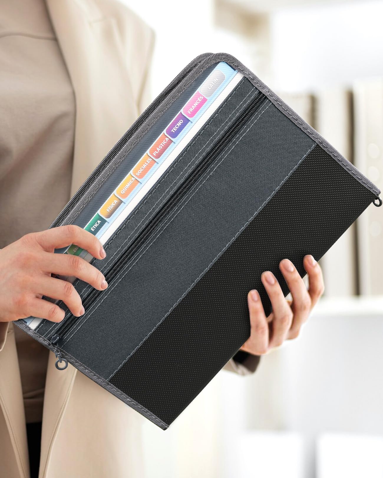 Sooez 13 Pocket Expanding File Folder with Zipper Closure, Accordion File Folder Document Organizer Expanding Zip File Folder with Sticky Labels, Letter A4 Paper Document Accordion Folder, Black