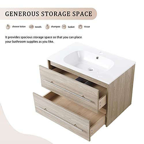 QuixotYDDZ 30" Wall-Mounted Bathroom Vanity Cabinet with Gel Sink Top, Single Sink Floating Bathroom Vanity with Two Drawers, Bathroom Storage Cabinet for Small Space, White Oak