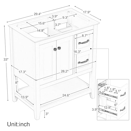 Lunanniu 30" Bathroom Vanity Without Sink, Freestanding Bathroom Vanity Cabinet No Sink 2 Soft Closing Door, Lower Open Shelf 1 Drawer with 2 Tiers Black Drawer Handle Modern Design White
