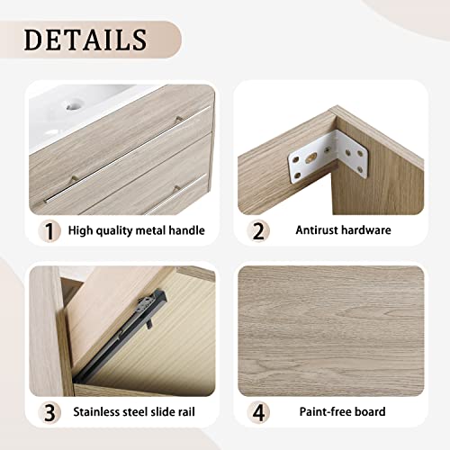 QuixotYDDZ 30" Wall-Mounted Bathroom Vanity Cabinet with Gel Sink Top, Single Sink Floating Bathroom Vanity with Two Drawers, Bathroom Storage Cabinet for Small Space, White Oak
