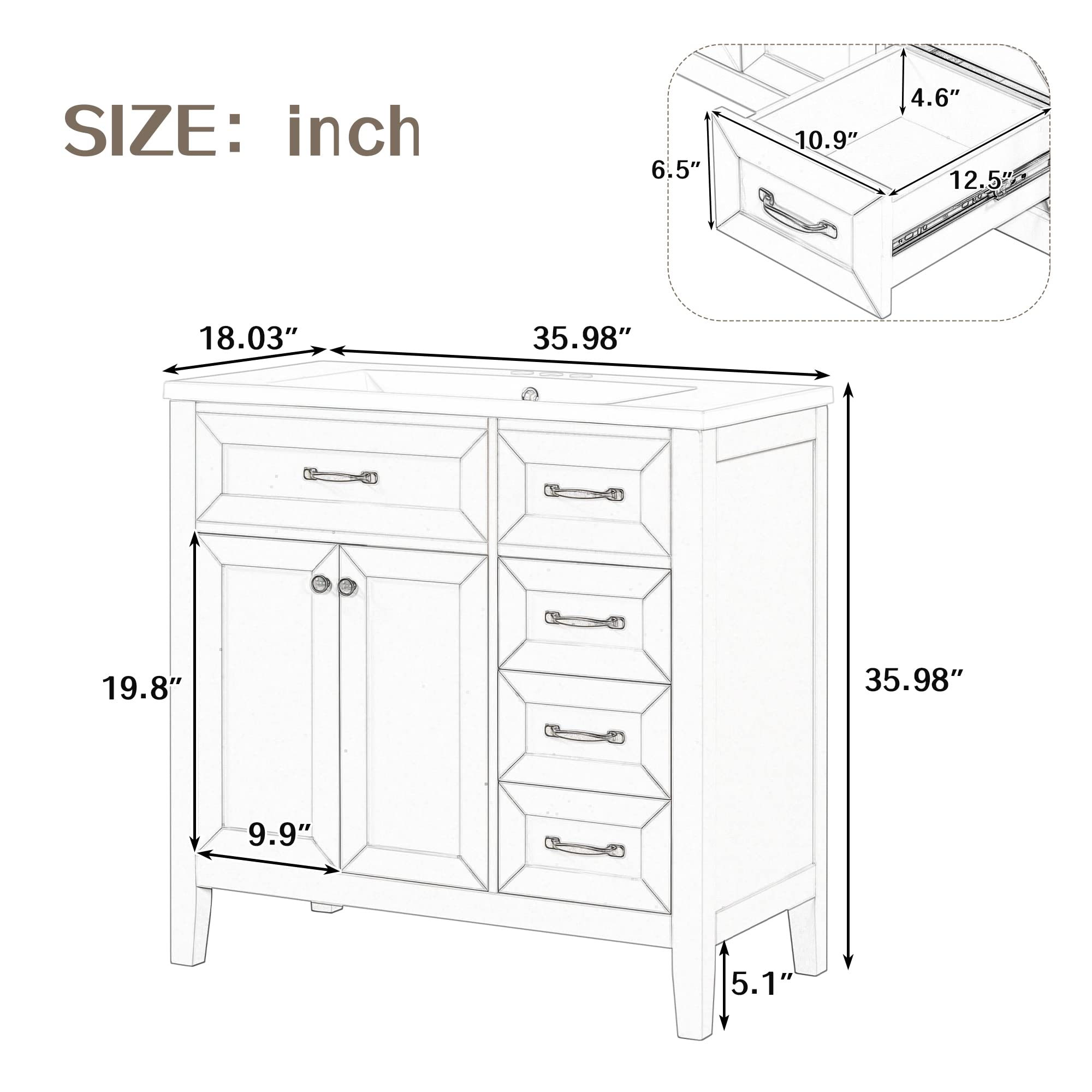 Tomkate 36" Bathroom Vanity with Sink Combo, Modern Freestanding Bathroom Vanities with 2 Doors and 3 Drawers, Bathroom Vanity Cabinet with Ceramic Sink for Bathroom, Grey