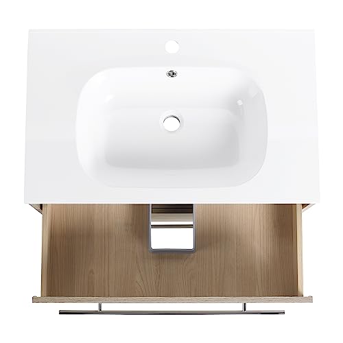 QuixotYDDZ 30" Wall-Mounted Bathroom Vanity Cabinet with Gel Sink Top, Single Sink Floating Bathroom Vanity with Two Drawers, Bathroom Storage Cabinet for Small Space, White Oak